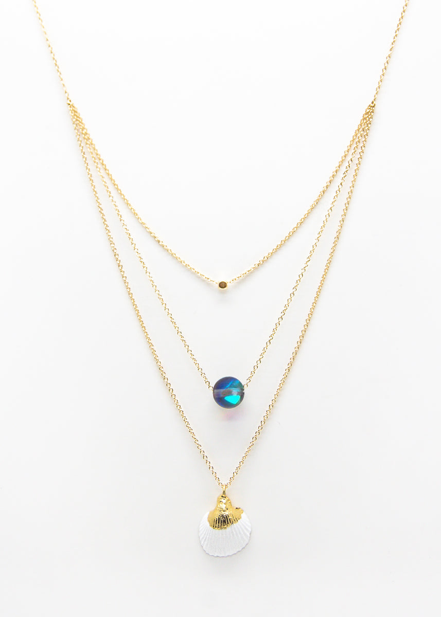 Triple Necklace Cube Magic Blue Pearl and Natural Shell – Mina De Mar